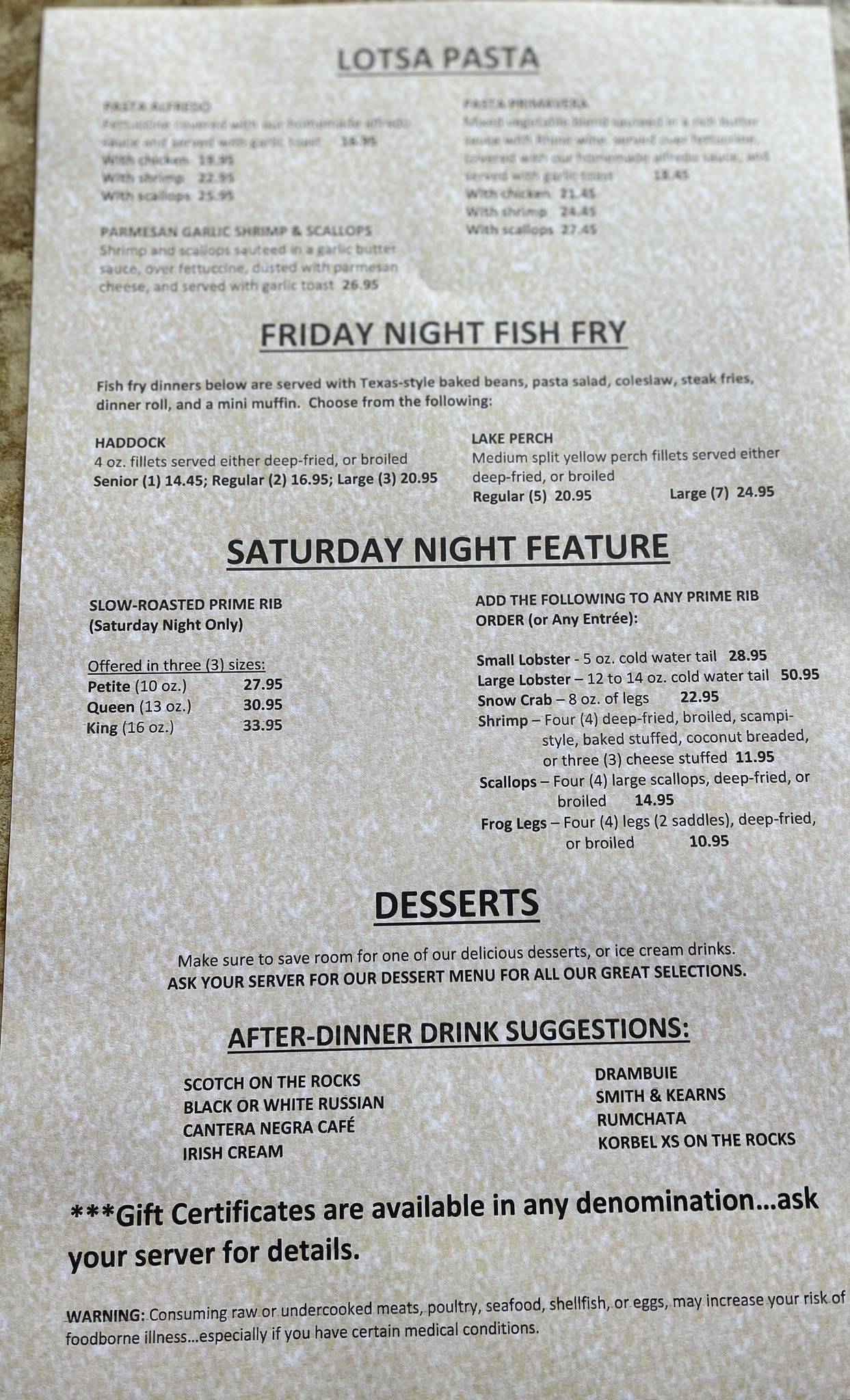Menu at Fireside Supper Club, Rhinelander