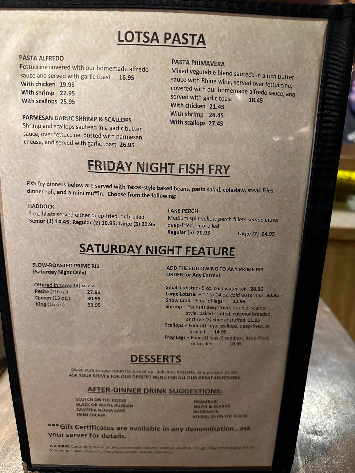 Menu at Fireside Supper Club, Rhinelander