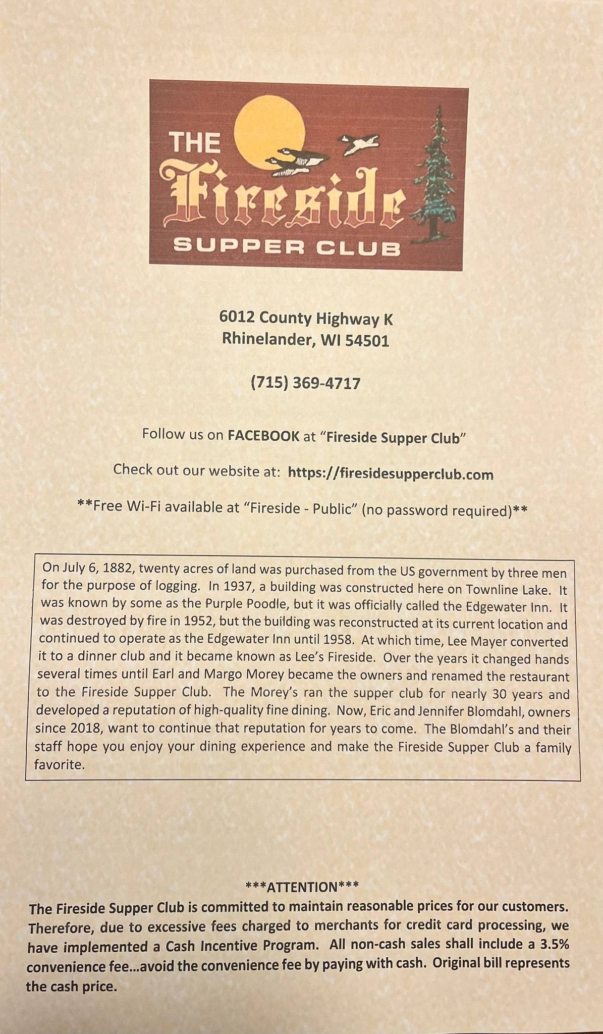 Menu at Fireside Supper Club, Rhinelander