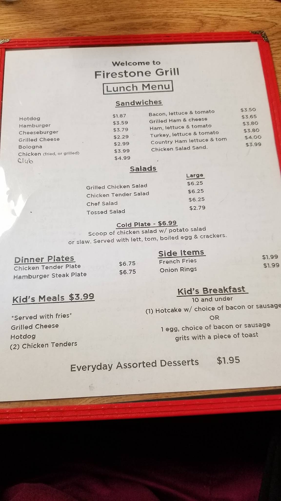 Menu at Firestone Grill restaurant, Gastonia