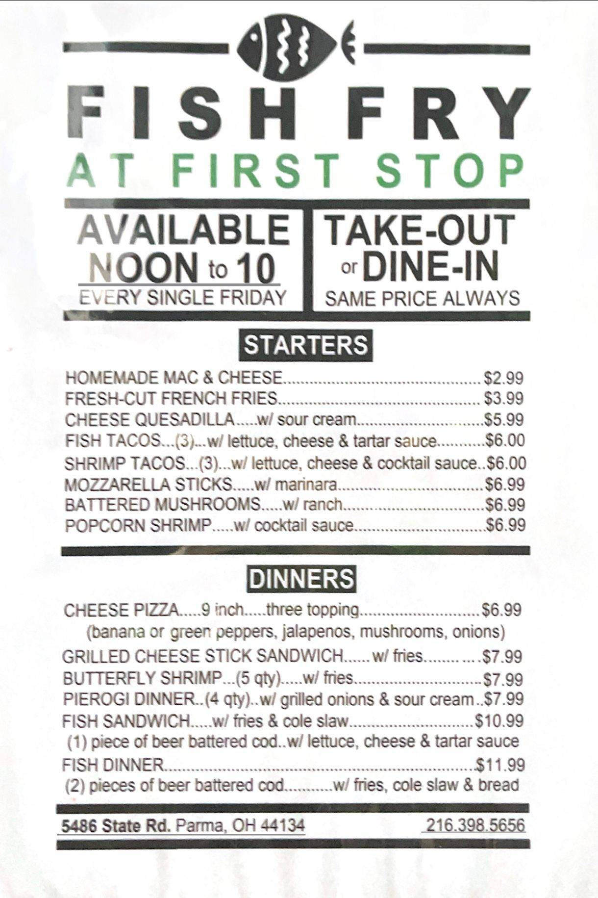 Menu at First Stop pub & bar, Parma