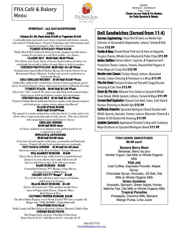 Menu at Fish Hawk Acres cafe, Buckhannon