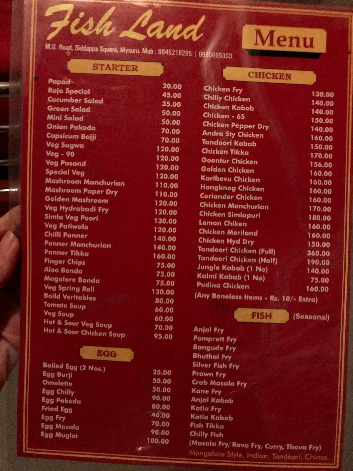 Menu at Poojari's Fish Land (Mangalore Style), Mysuru, Shop No. 32-1/A