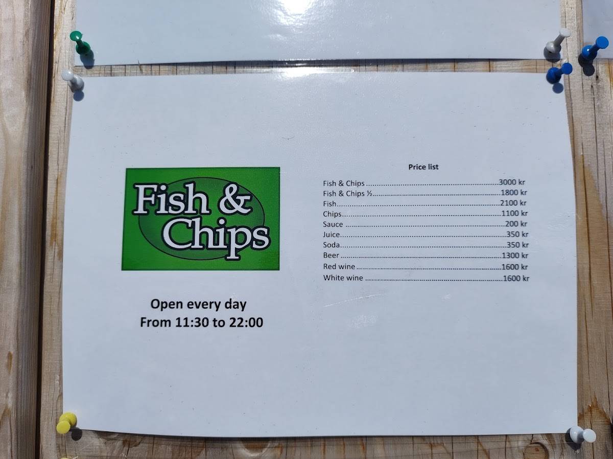 Menu at Fish and Chips restaurant, Húsavík