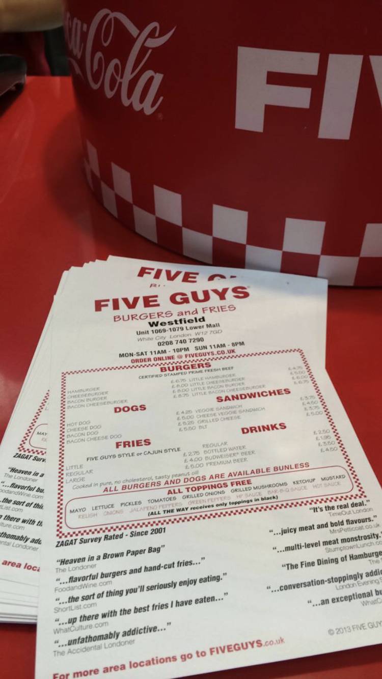 Menu at Five Guys Westfield London fast food, London, Unit 1069/1070 ...
