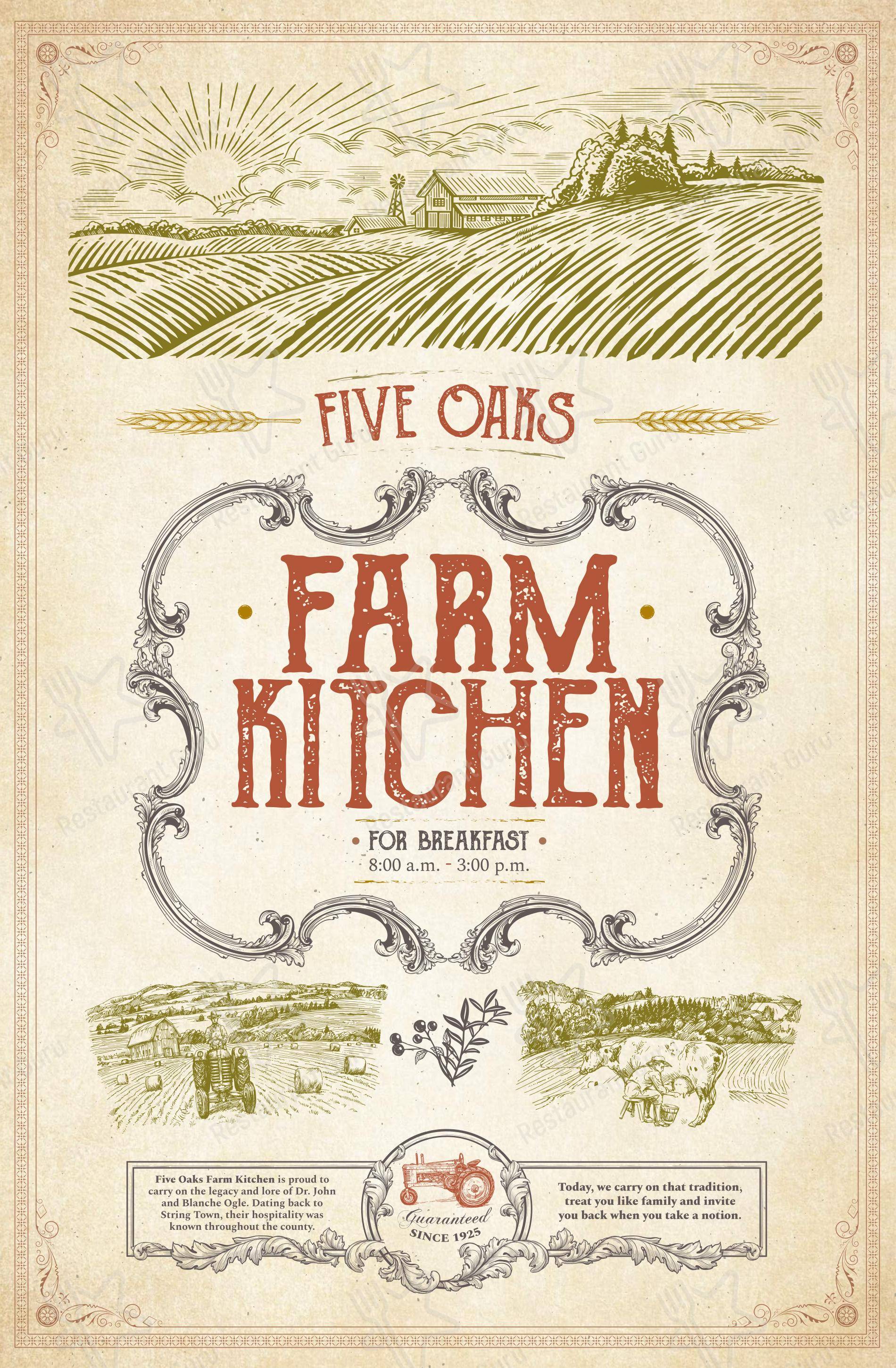 Menu at Five Oaks Farm Kitchen restaurant, Sevierville, Parkway