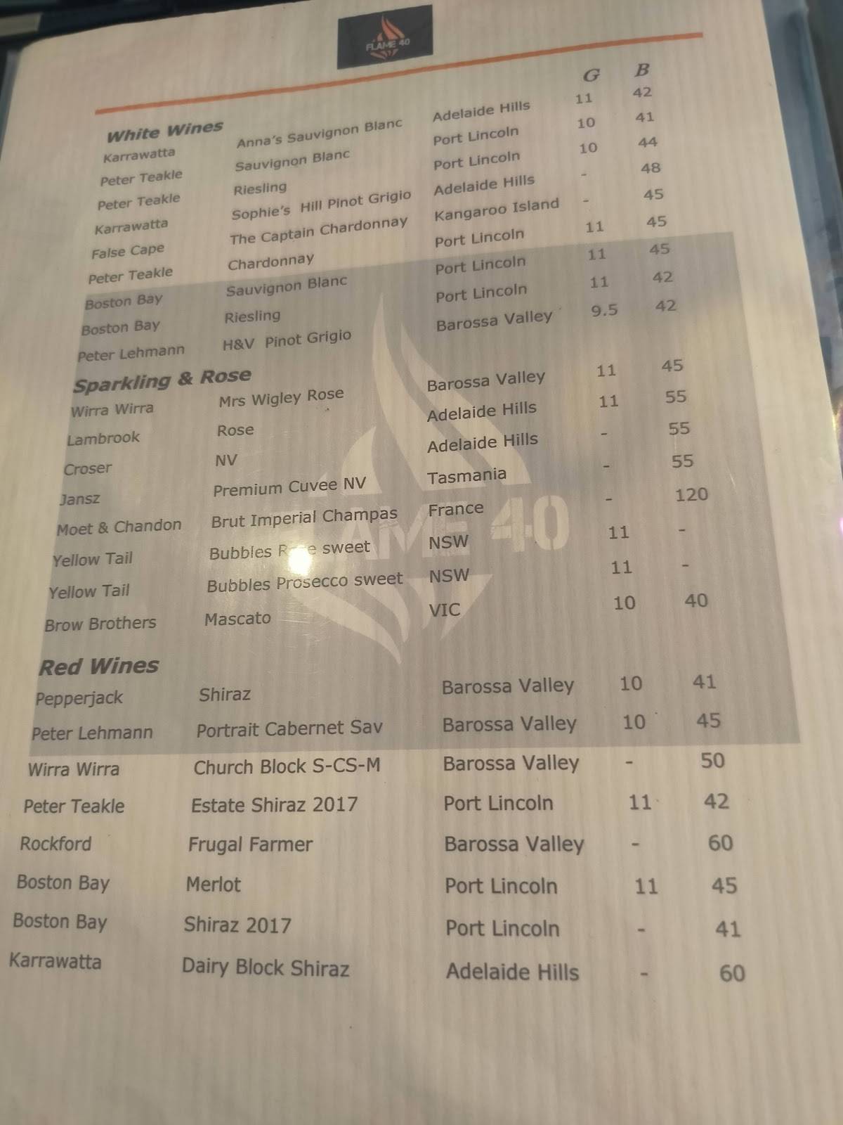 Menu at Flame 40 restaurant, Port Lincoln