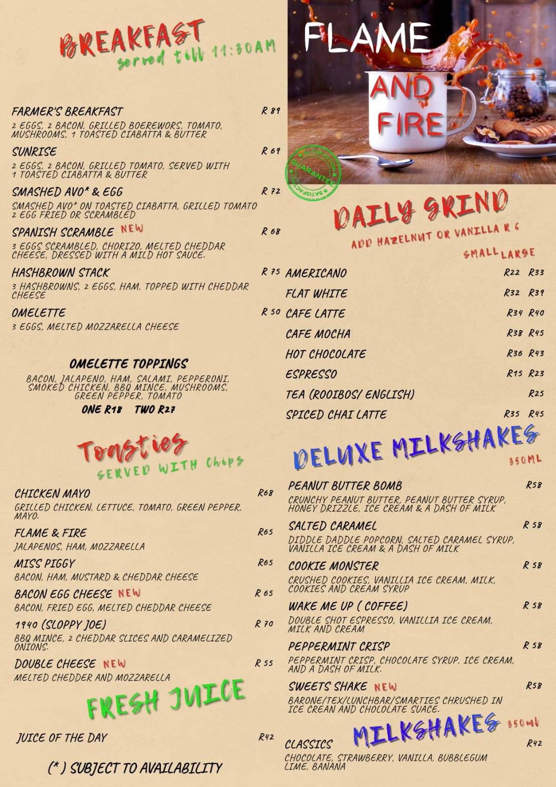 Menu at Flame and Fire @ The Huntsman restaurant, Cape Town