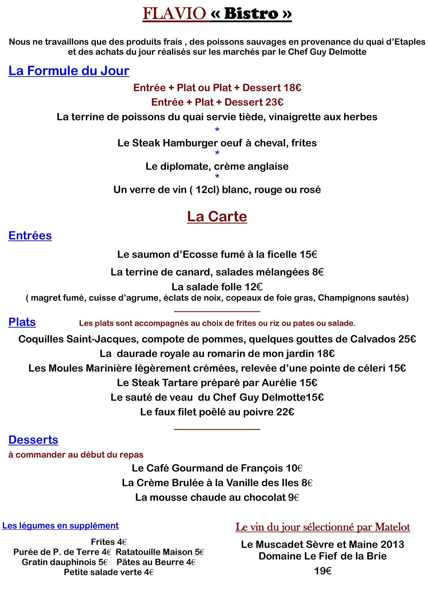 Menu au Flavio Bistro Le Touquet restaurant, Le Touquet-Paris-Plage