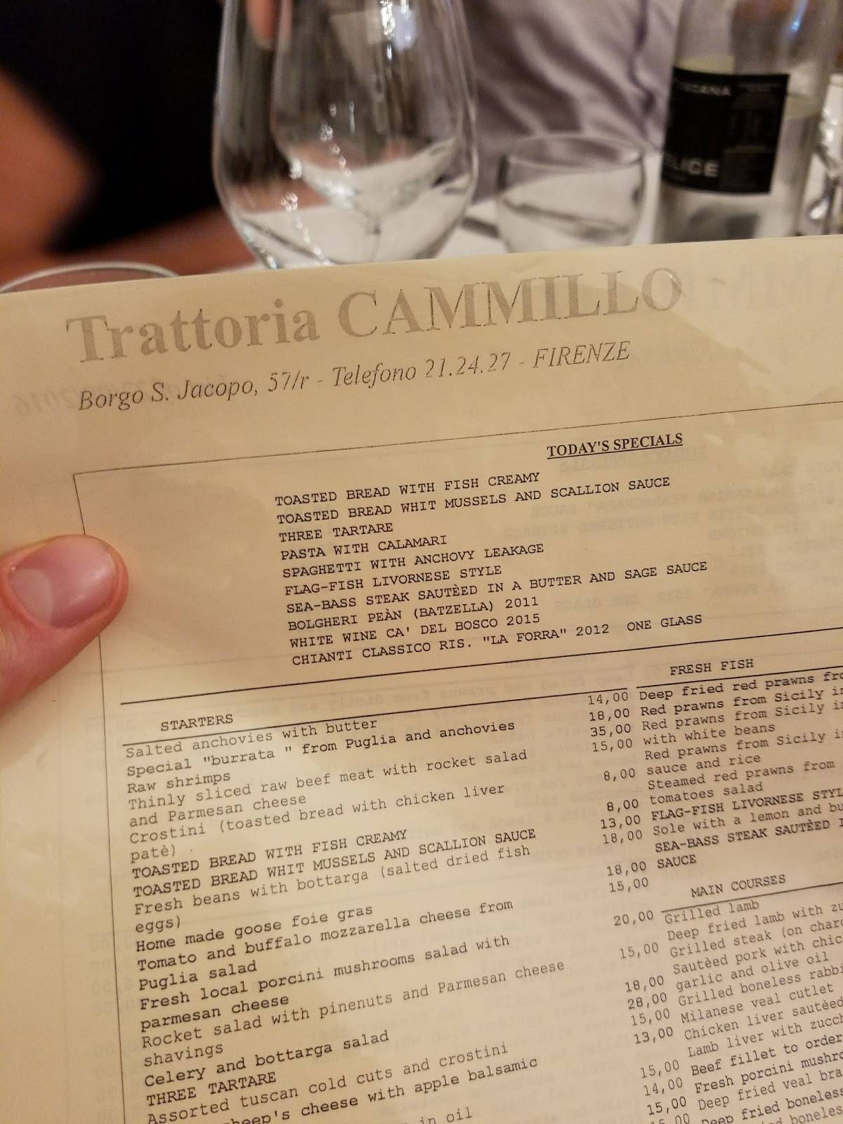 Menu at Trattoria Cammillo restaurant, Florence