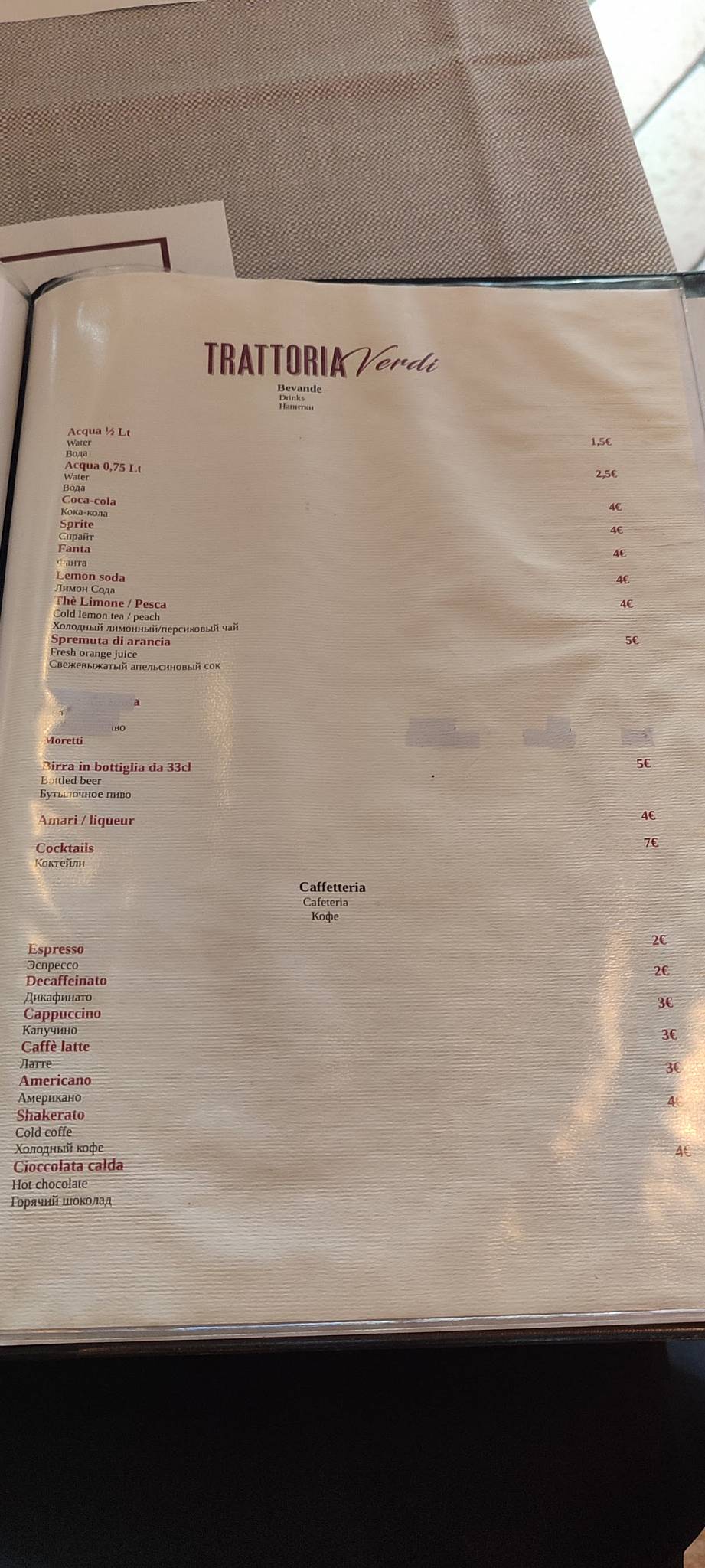 Menu au Trattoria Verdi Firenze pub et bar, Florence