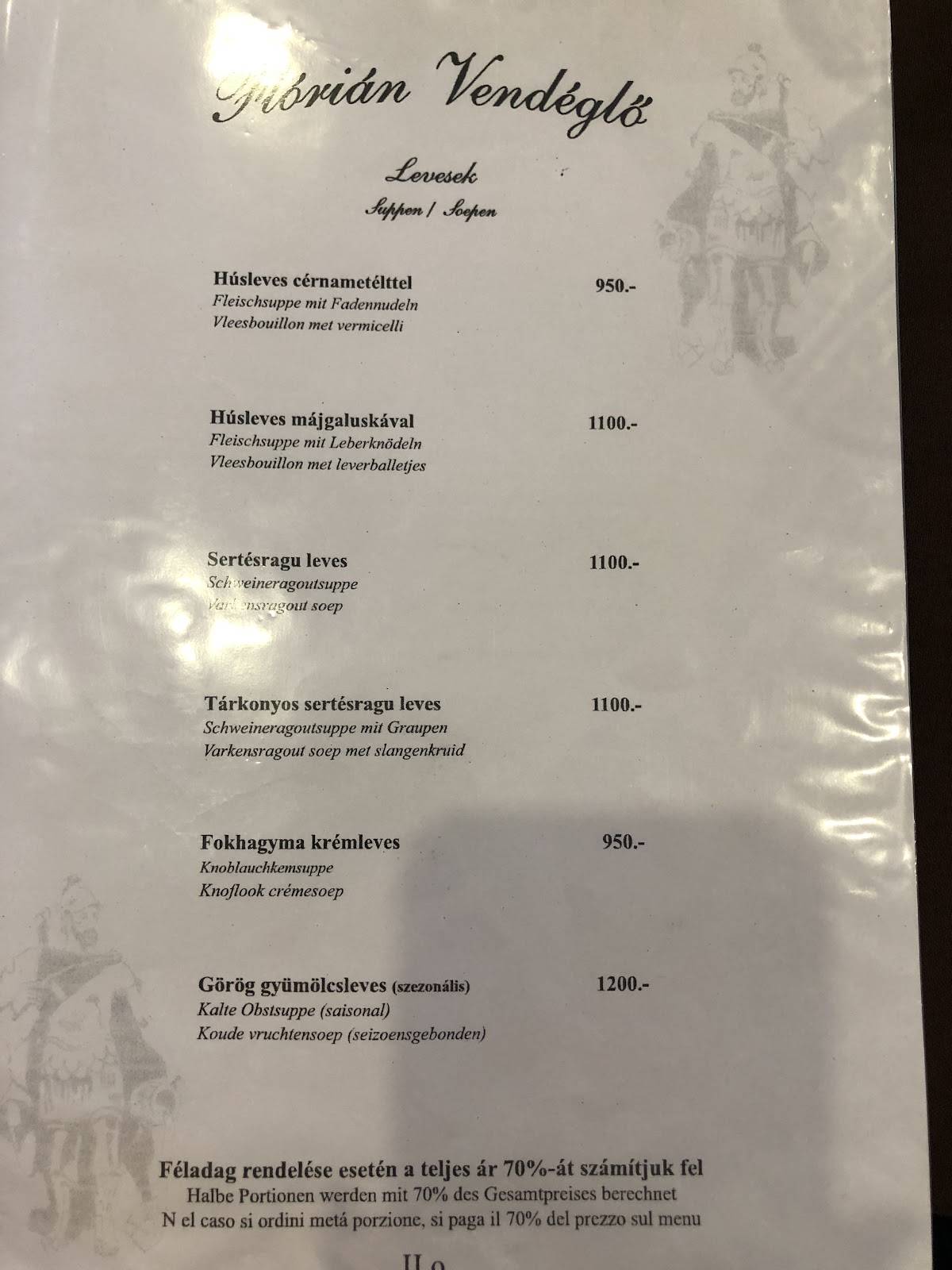 Menu at Flórián Vendéglő restaurant, Szigetvár