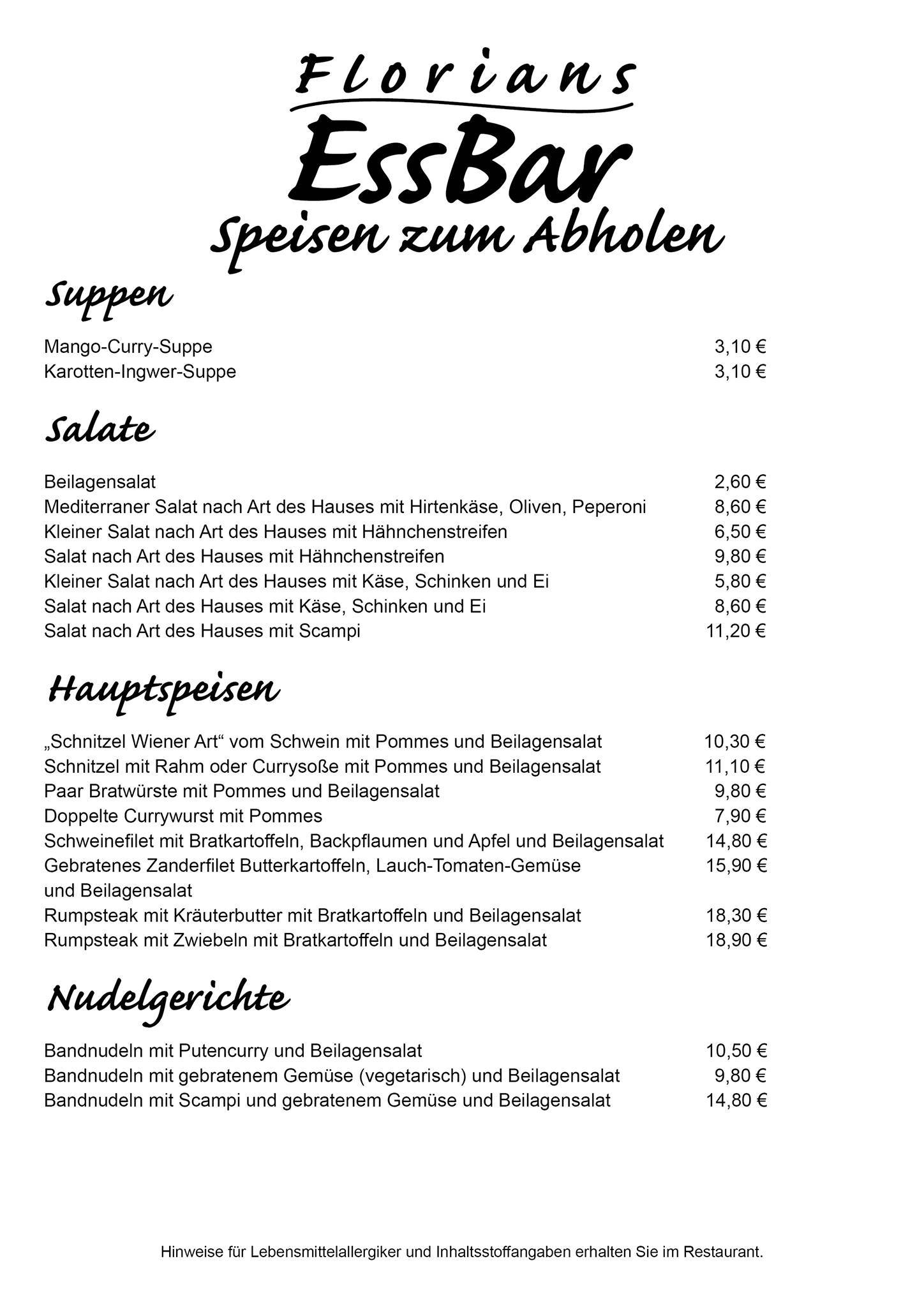 Speisekarte von Florians EssBar, Birkenau