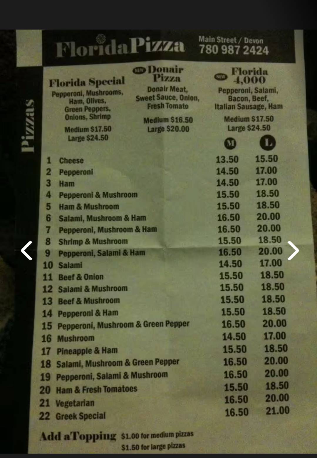 Menu at Florida Pizza pizzeria, Devon