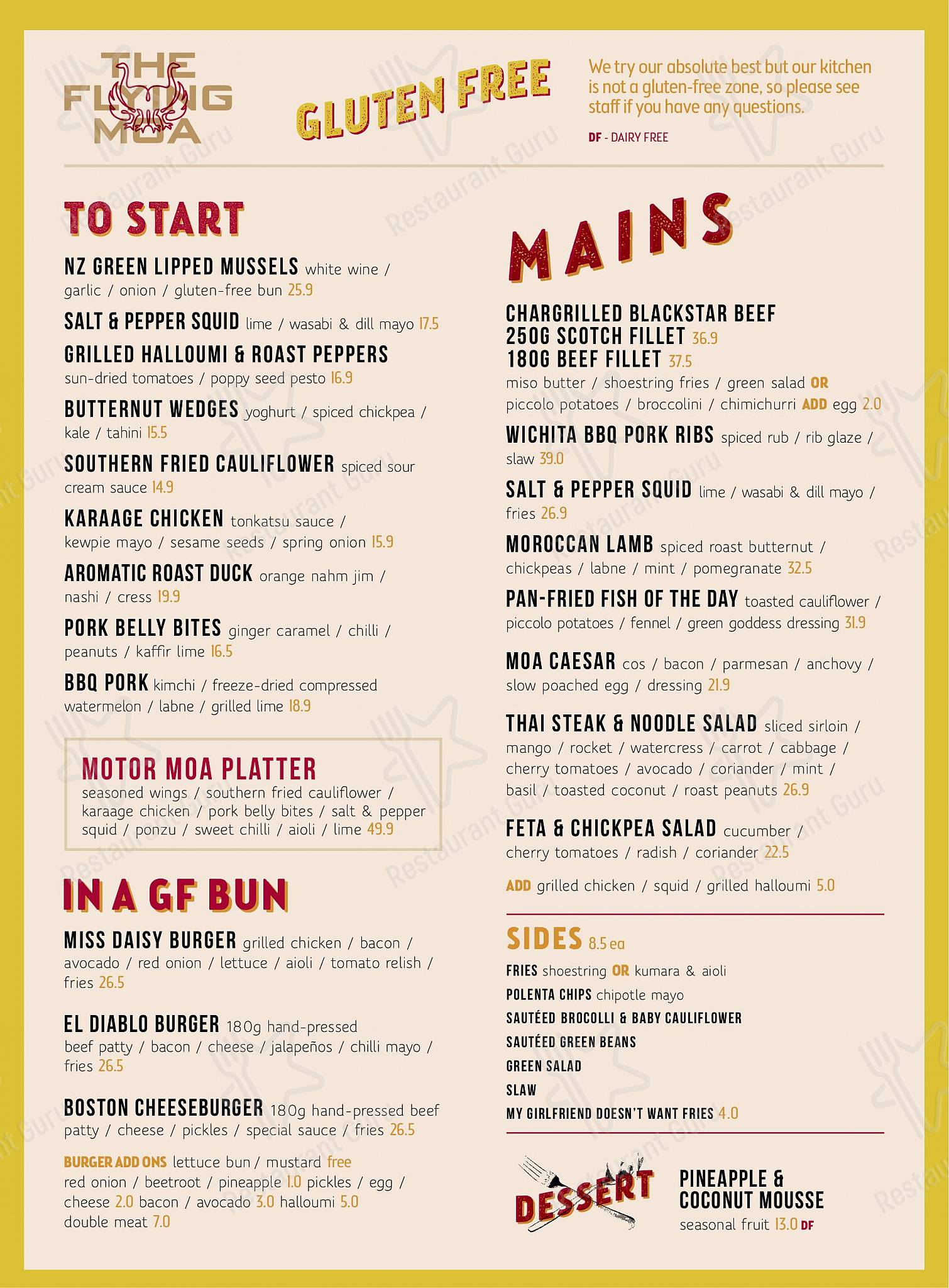 Menu at The Flying Moa pub & bar, Auckland