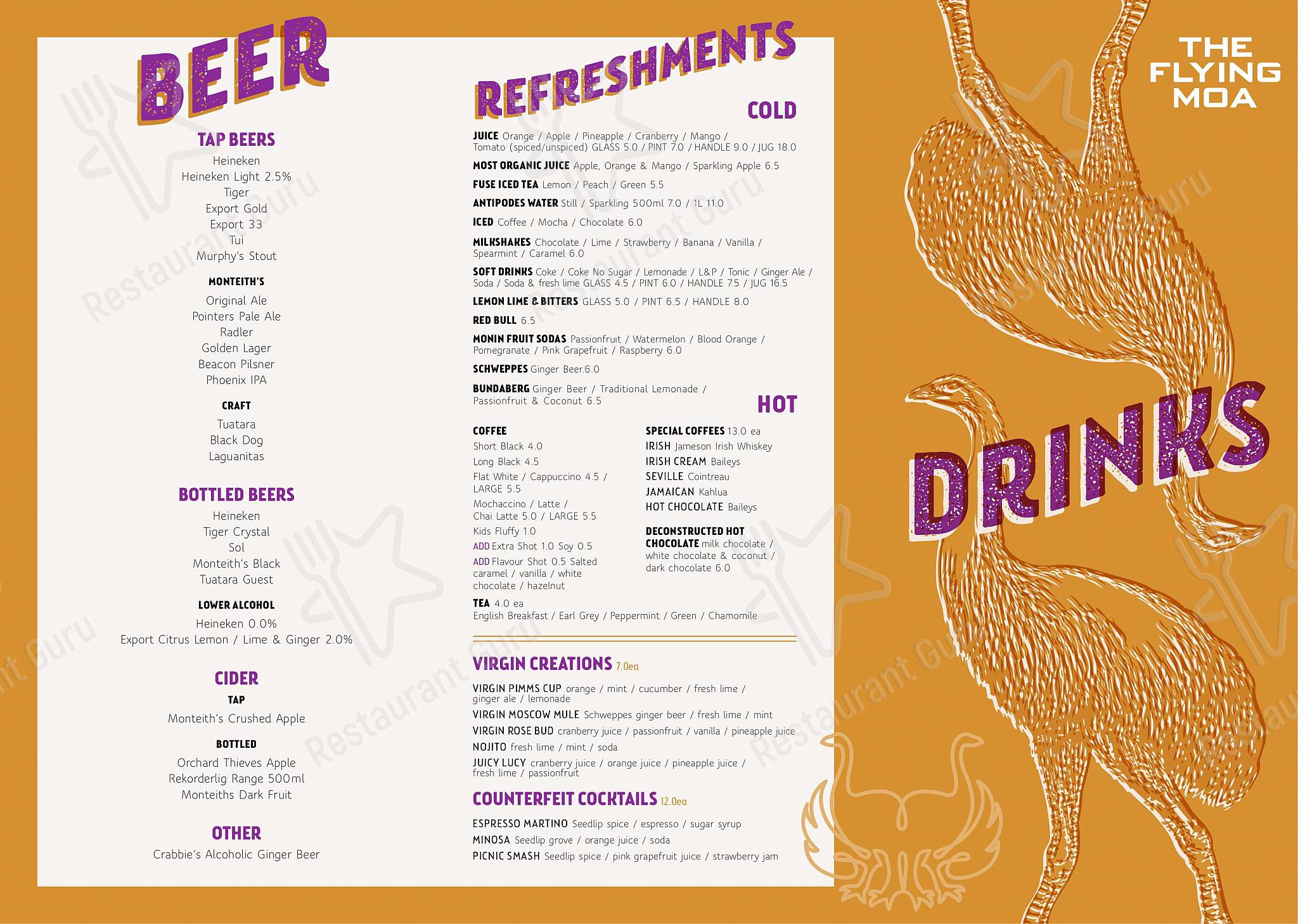 Menu at The Flying Moa pub & bar, Auckland