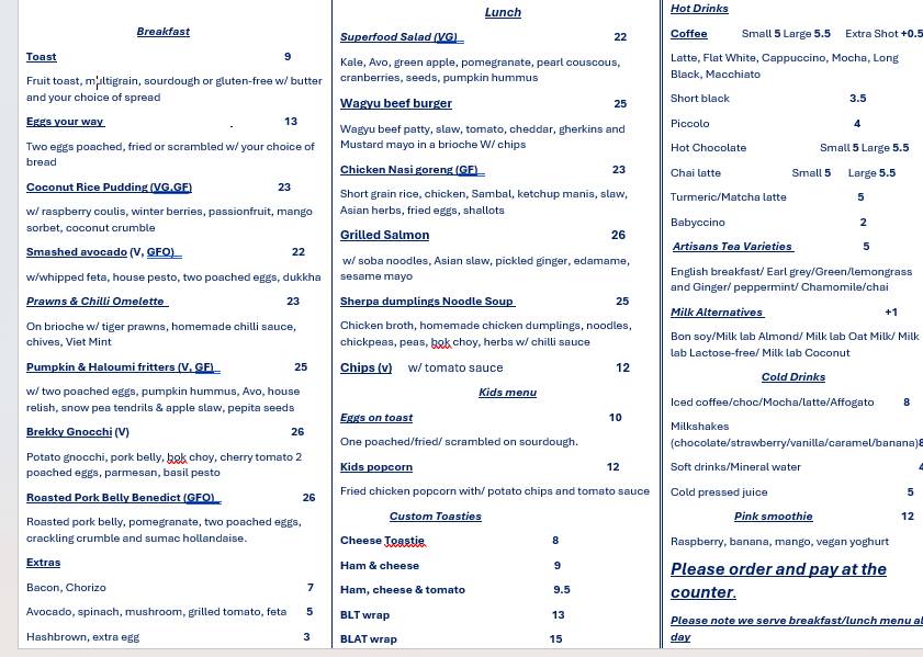 Menu at Fodder cafe, Heathcote