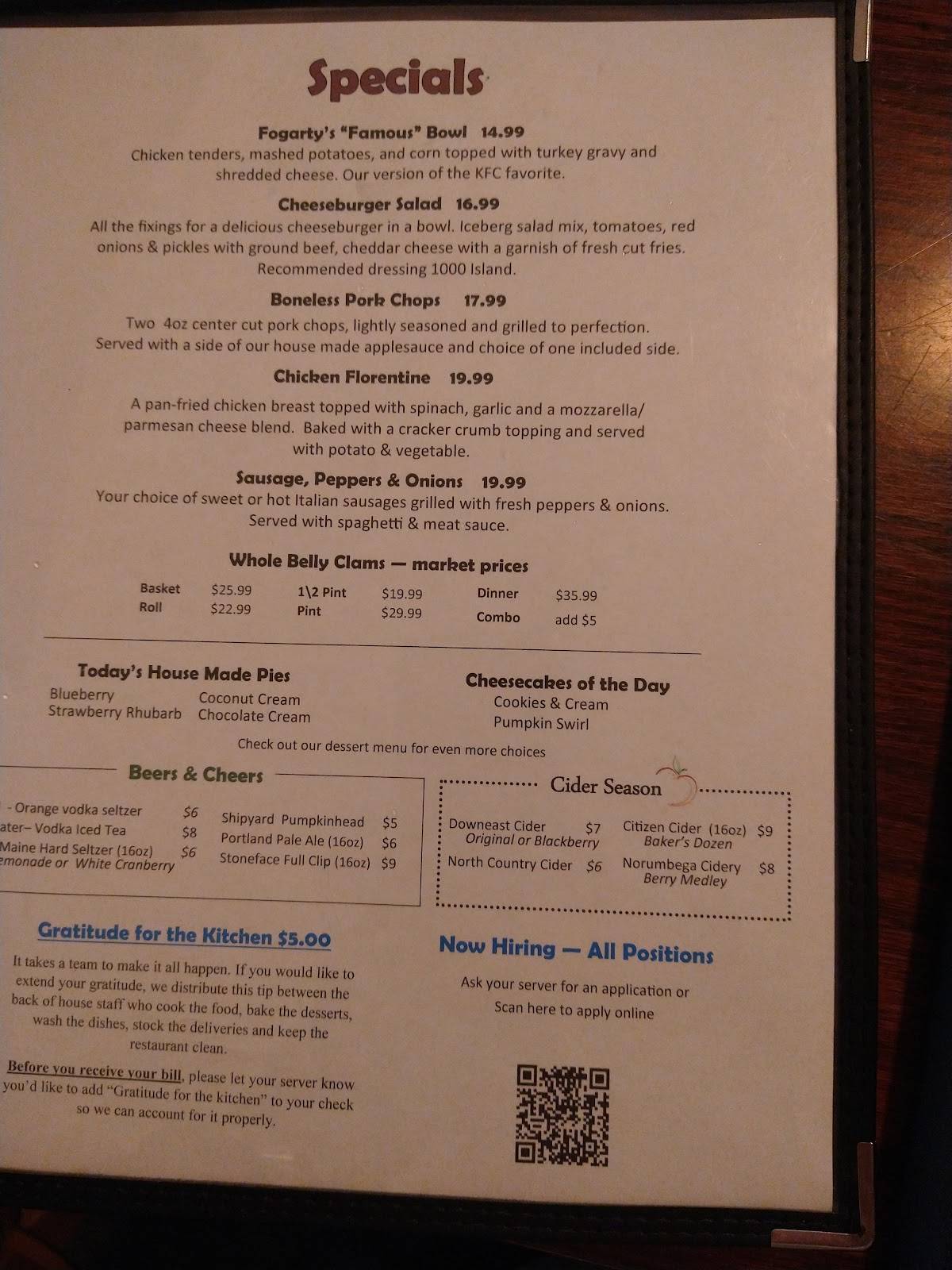 Menu at Fogarty's Restaurant & Bakery, South Berwick