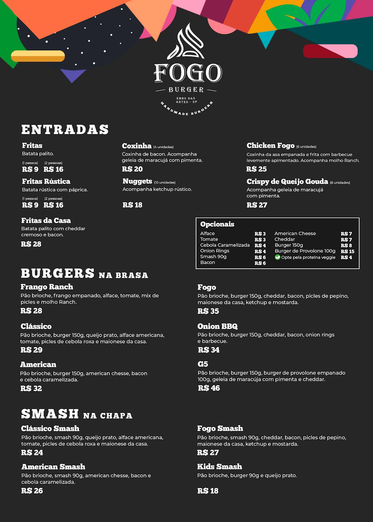Menu at Fogo Burger restaurant, Embu das Artes