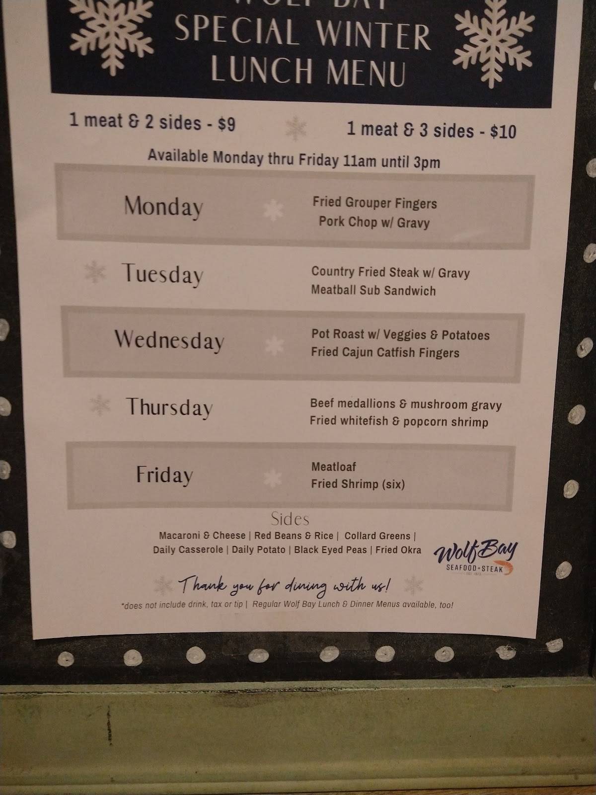 Menu at Wolf Bay Restaurant at Foley, Foley, Miflin Rd
