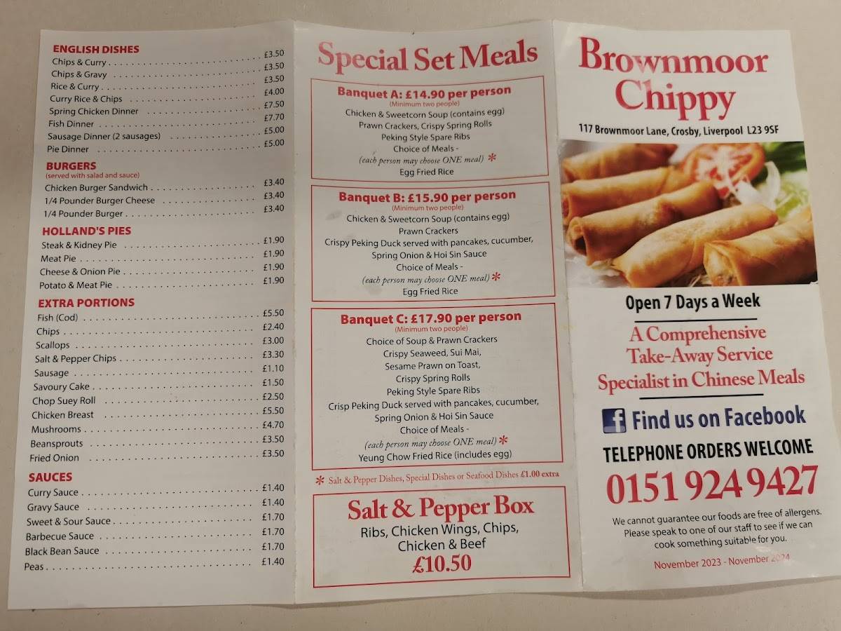 Menu at Brownmoor Chippy restaurant, Liverpool