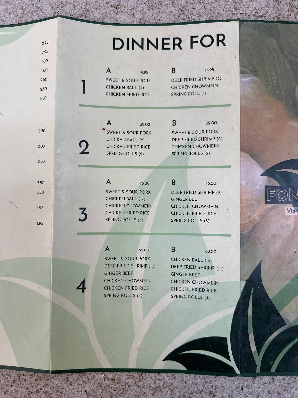 Menu at Fong's Kitchen restaurant, Saskatoon, Faithfull Ave