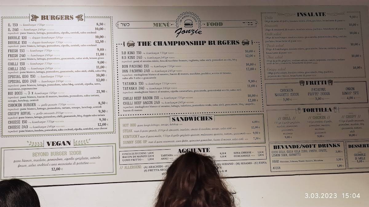 Menu da Fonzie The Burger's House Via della Vite ristorante, Roma