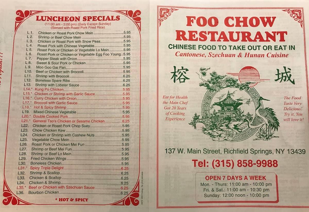 Menu at Foo Chow Restaurant, Richfield Springs