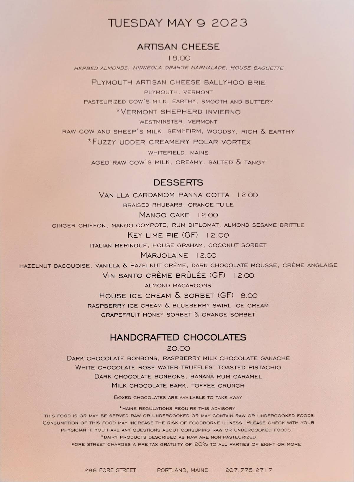 Menu at Fore Street Restaurant, Portland