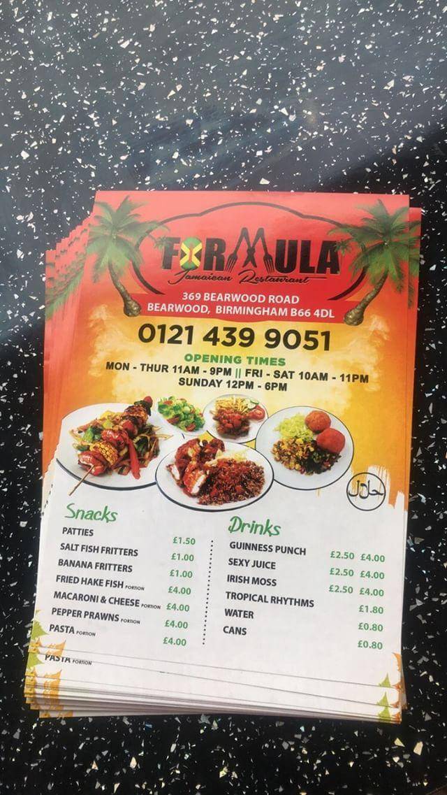 Menu at Formula Jamaican Restaurant, Smethwick