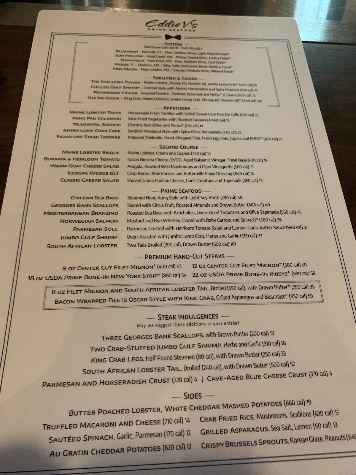 Menu at Eddie V's Prime Seafood steakhouse, Fort Lauderdale
