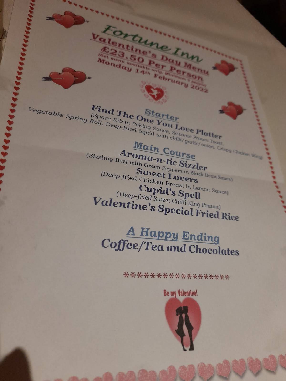 Menu at Fortune Inn restaurant, Solihull