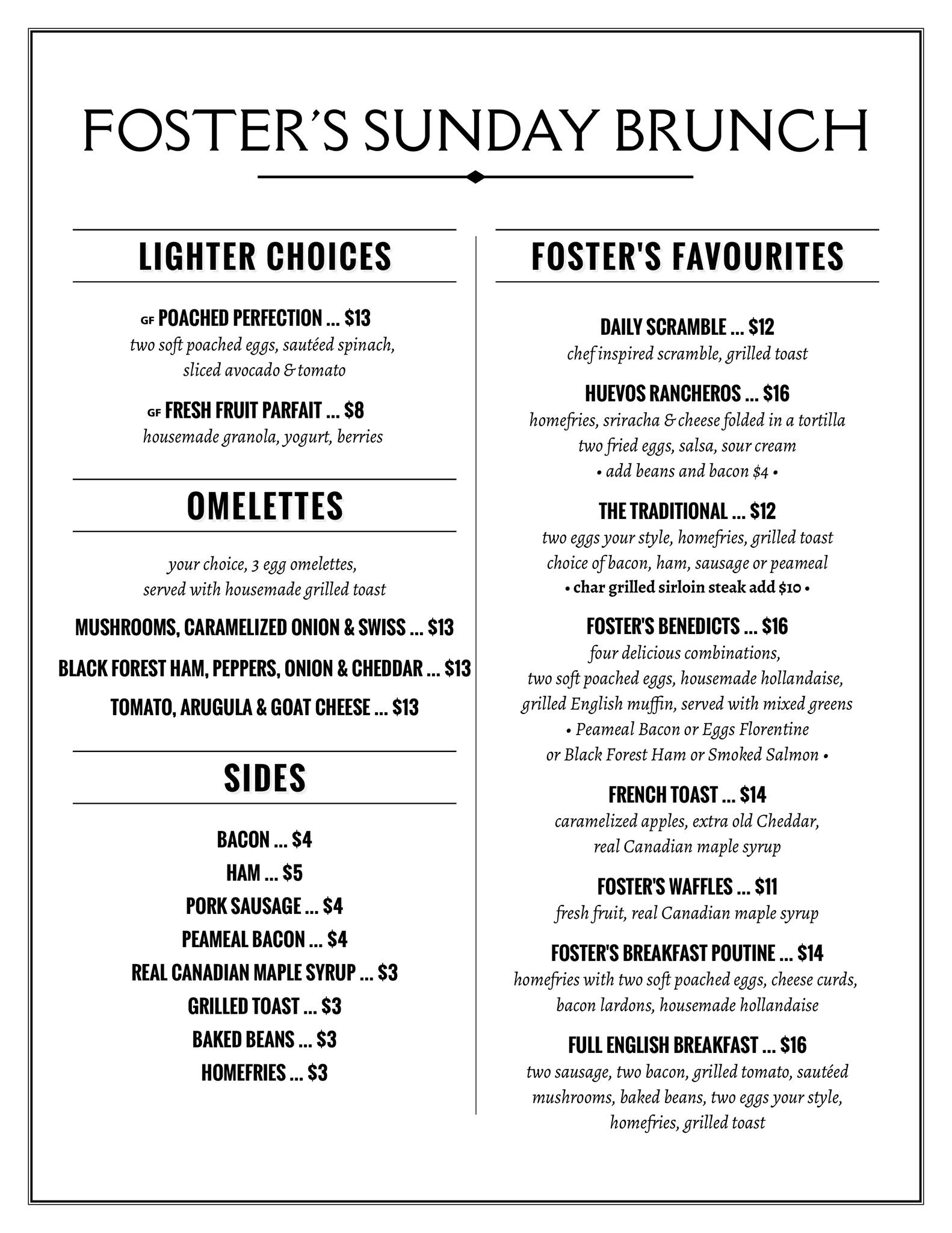 Menu at Foster's Inn steakhouse, Stratford