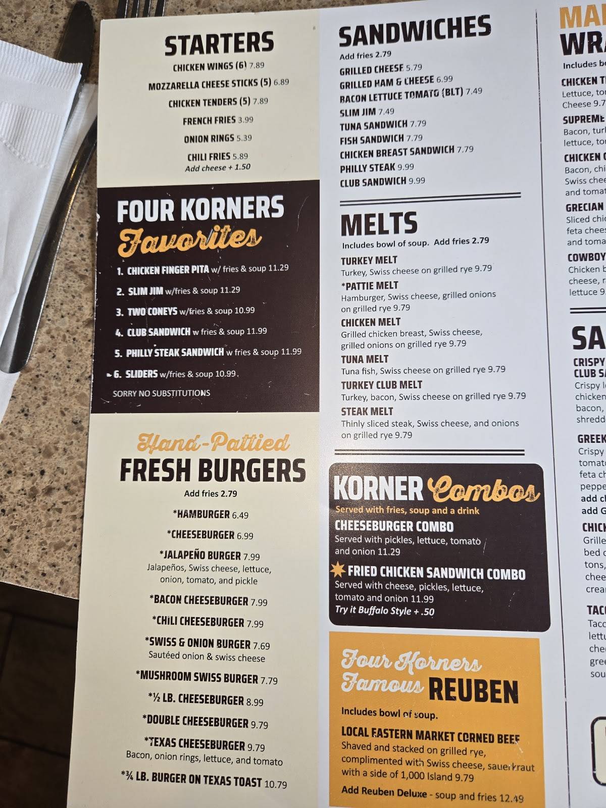 Menu at Four Korners Restaurant, Auburn Hills