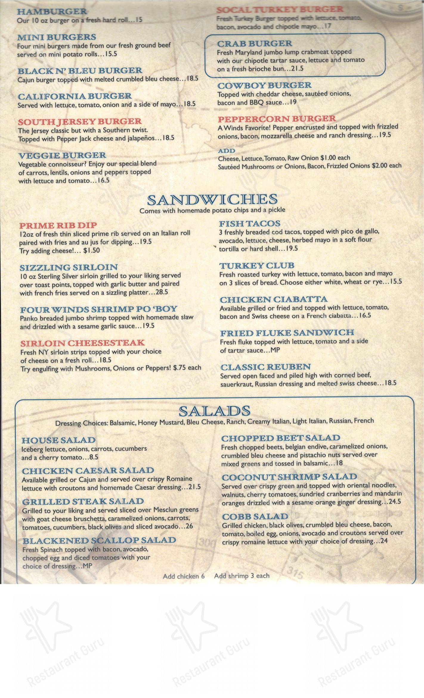 Menu at Four Winds Restaurant, Manasquan