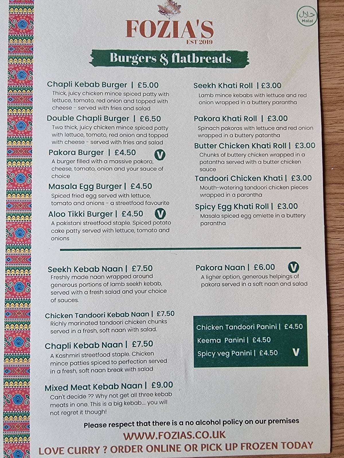 Menu at Fozia's restaurant, Liverpool