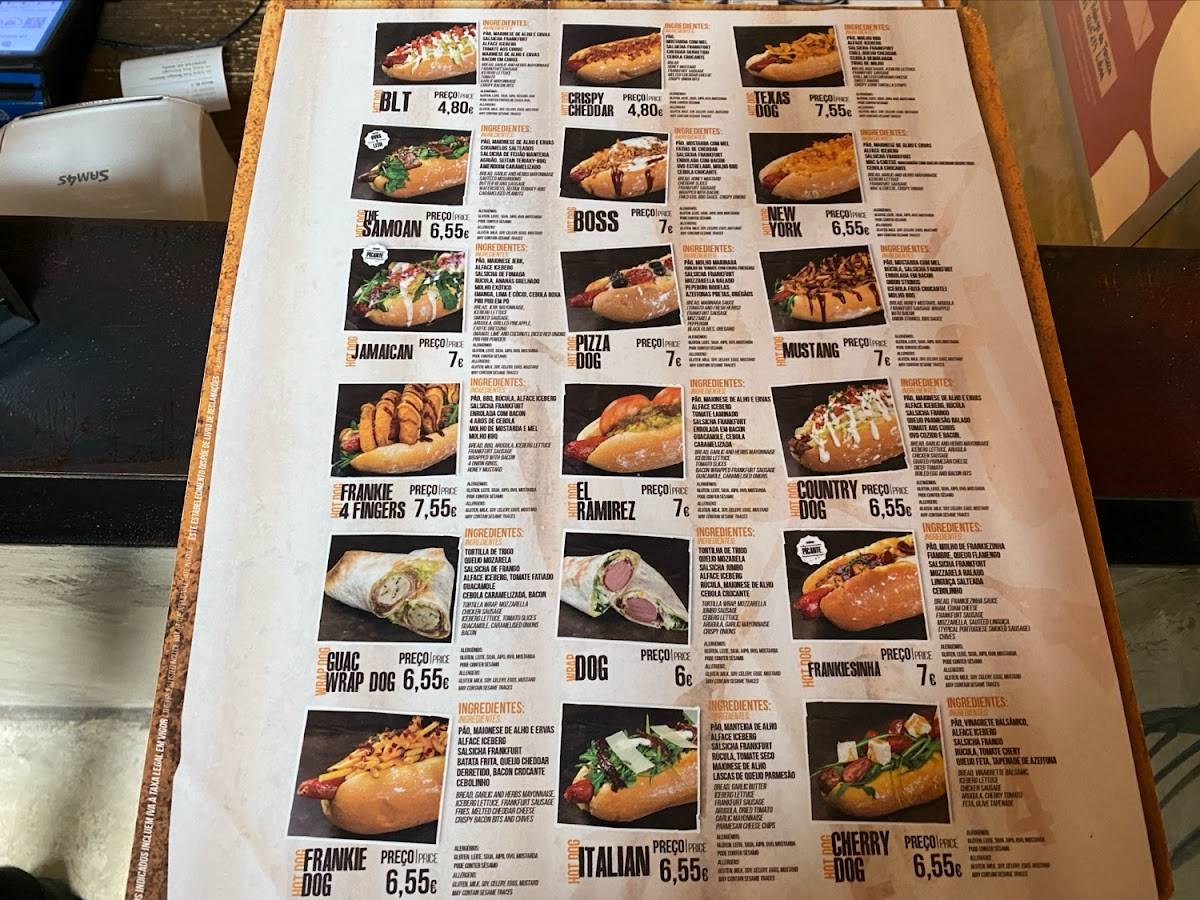 Menu at Frankie Hot Dogs restaurant, Porto