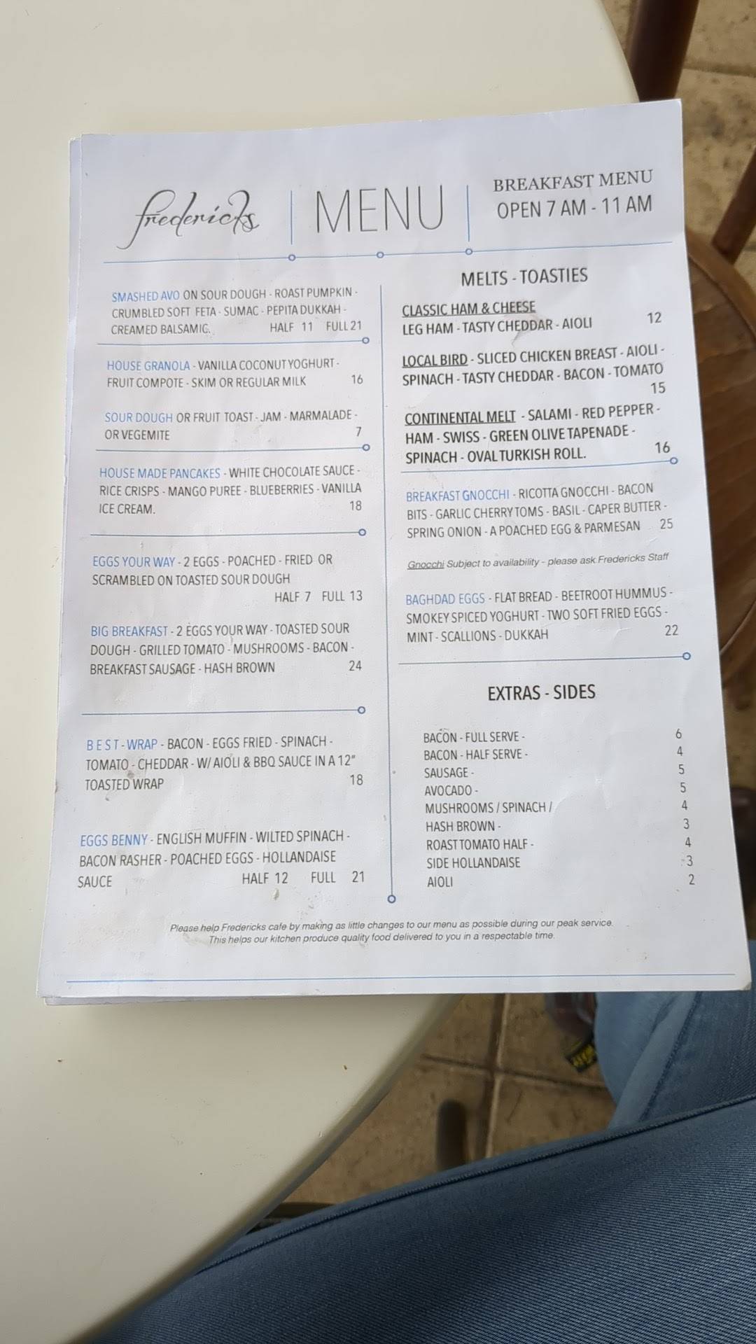 Menu at Frederick's Café cafe, Albany