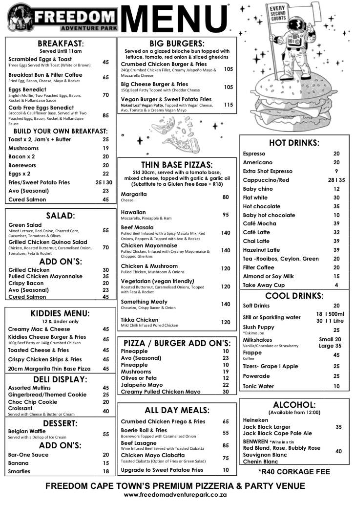 Menu at Freedom Adventure Park restaurant, Cape Town