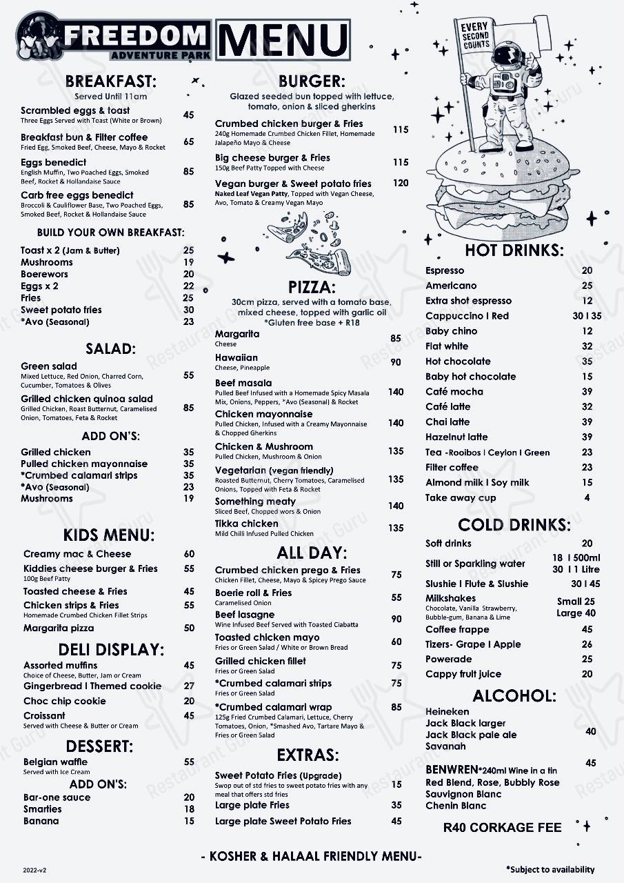 Menu at Freedom Adventure Park restaurant, Cape Town