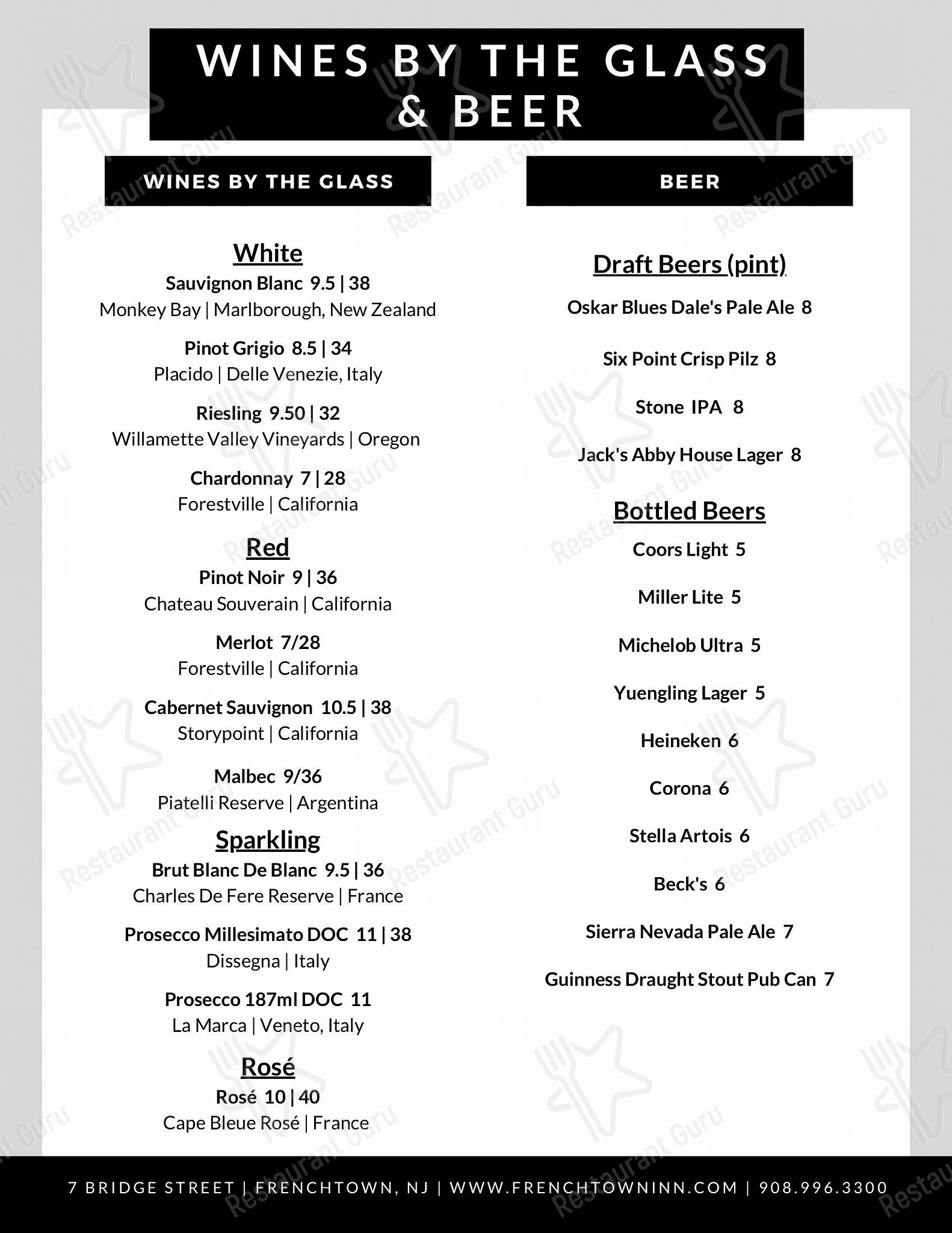 Menu at Frenchtown Inn restaurant, Frenchtown
