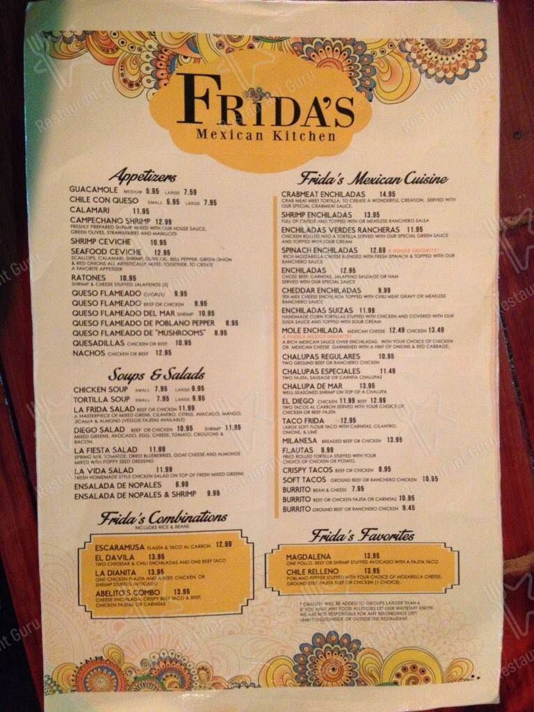 Menu at Frida Mexican Kitchen restaurant, Houston