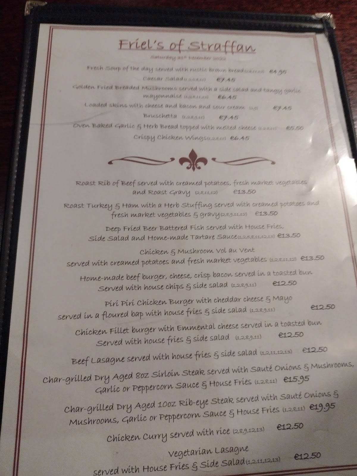 Menu at Friel's of Straffan pub & bar, Straffan