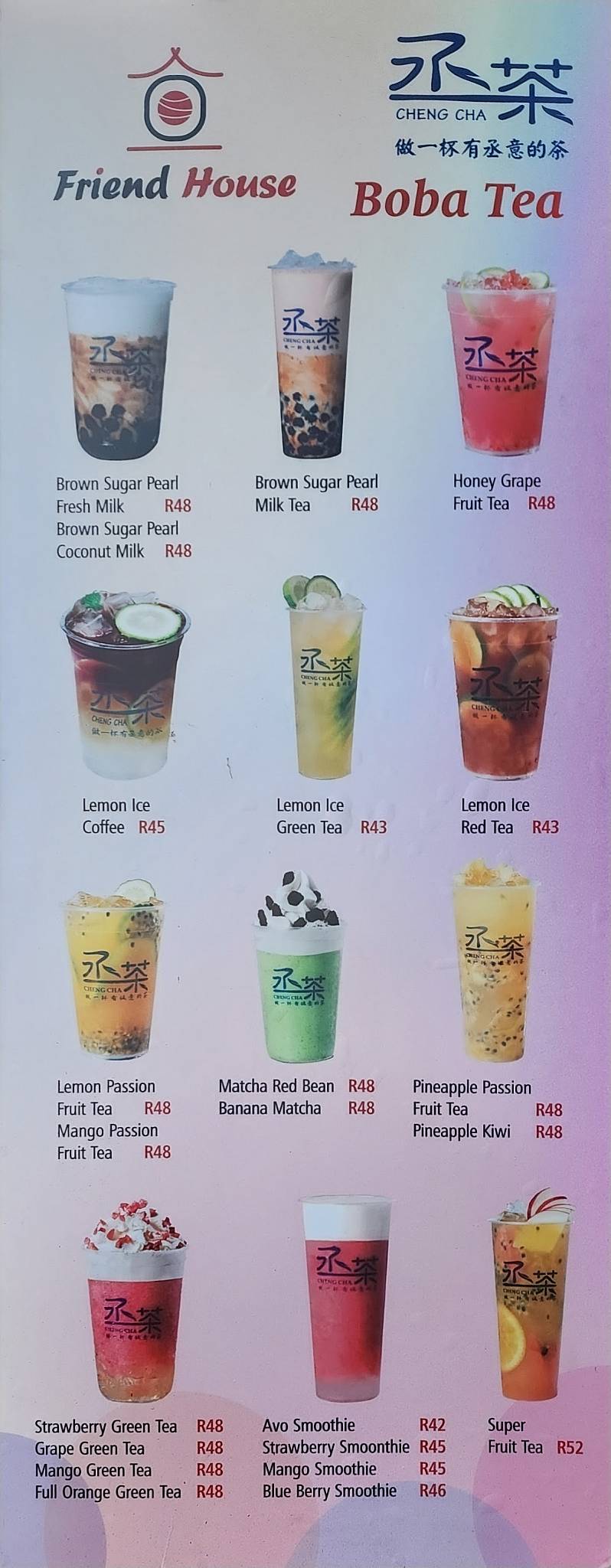 Menu at Friend House Hayfields restaurant, Pietermaritzburg