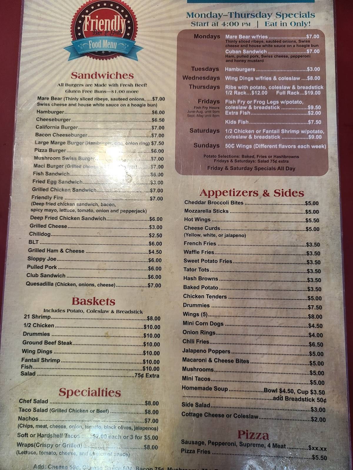 Menu at Friendly Bar Inc, Star Prairie