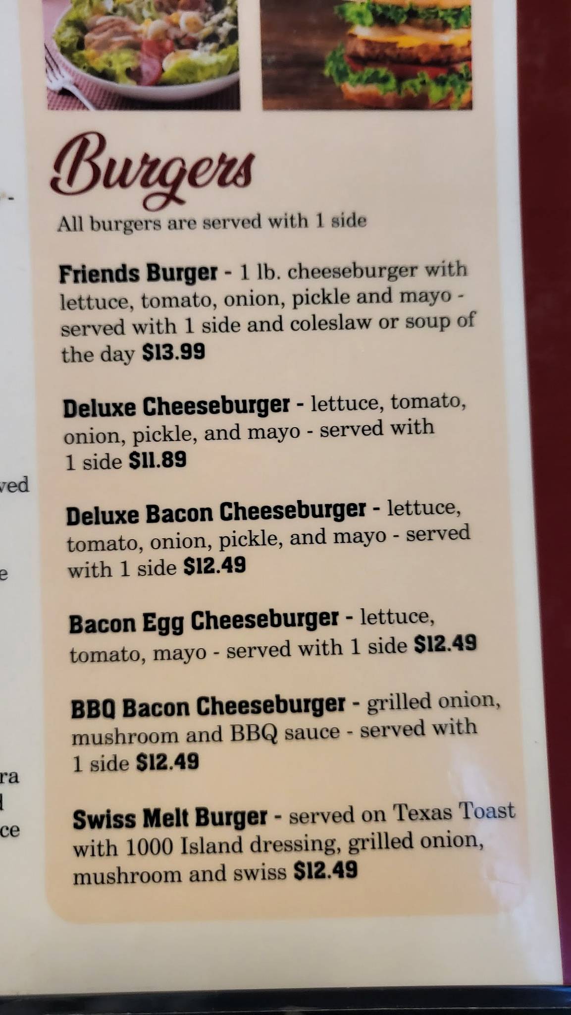 Menu at Friend's Diner restaurant, Whiteland