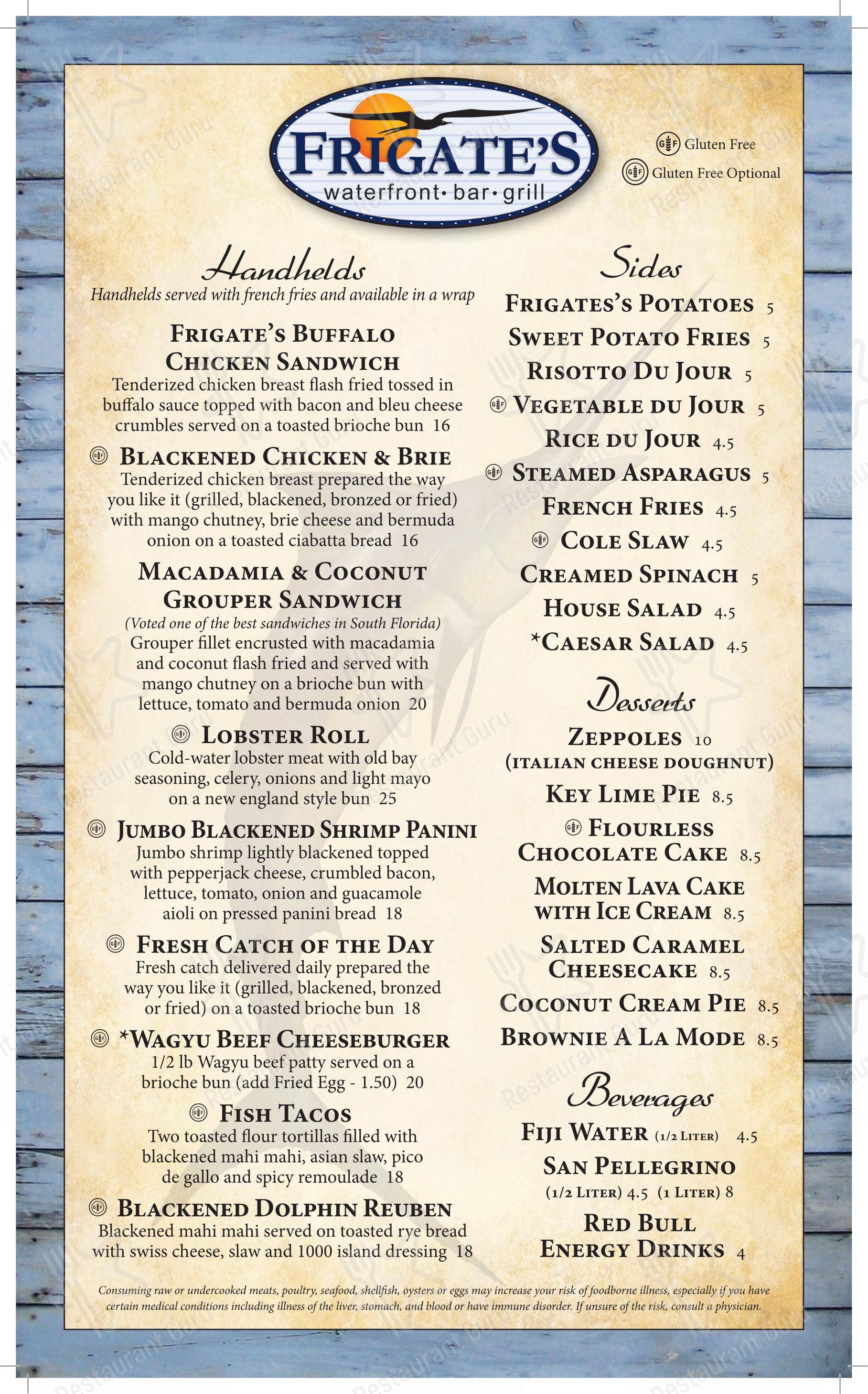Menu at Frigate's Waterfront Bar & Grill - Melbourne, Melbourne