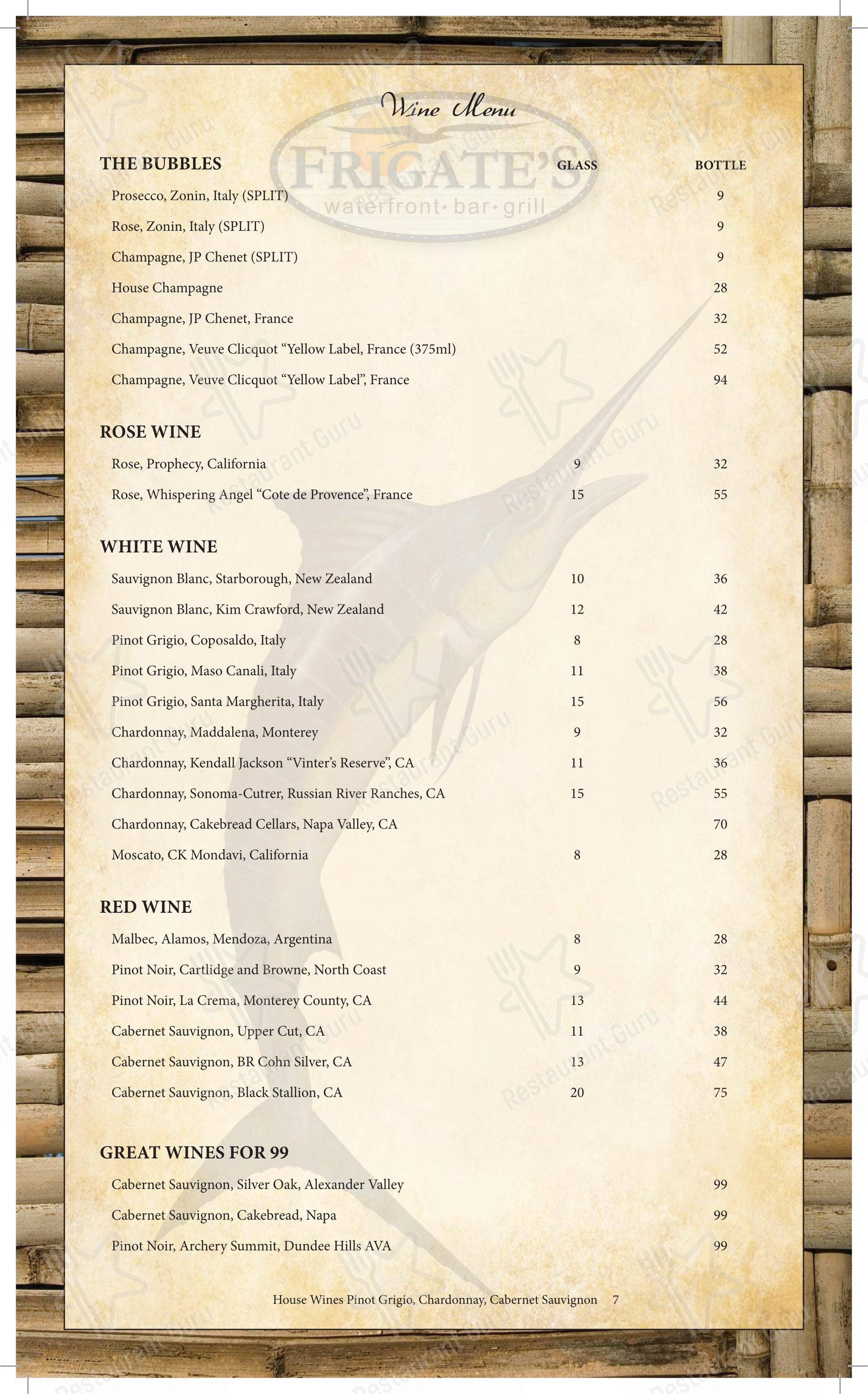 Menu at Frigate's Waterfront Bar & Grill - Melbourne, Melbourne