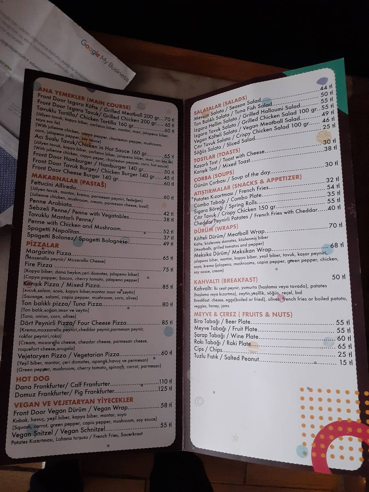 Menu at Front Door, Istanbul
