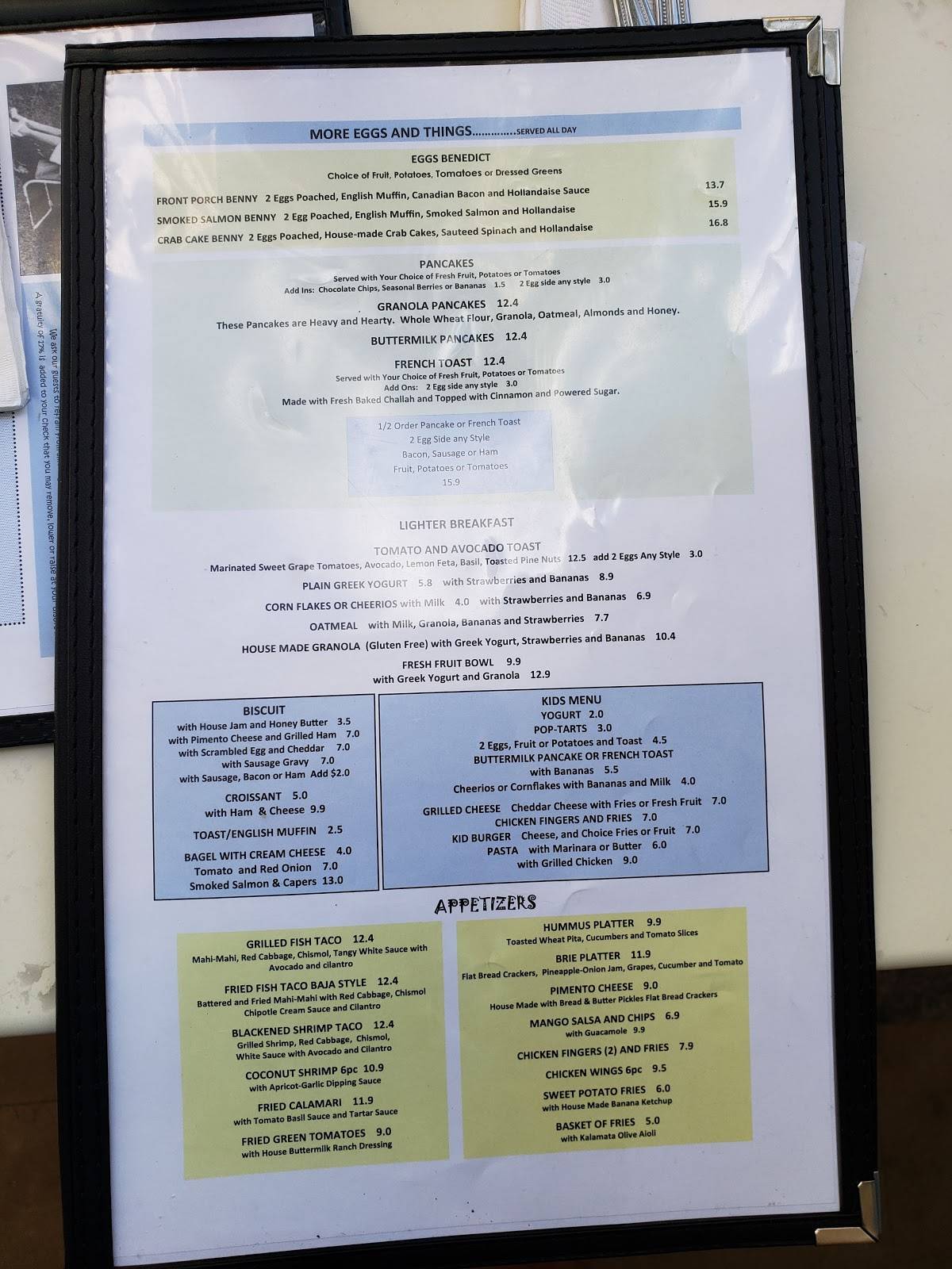 Menu at Front Porch Cafe, Miami Beach